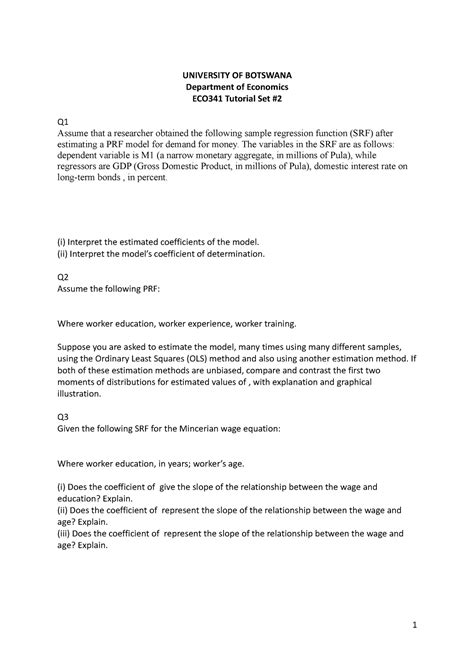 ECO Tutorial Set UNIVERSITY OF BOTSWANA Department Of Economics ECO Tutorial Set Q