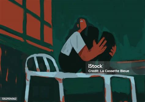 침대 표현주의 그림 일러스트레이션 그림 낙서 및 믹스 미디어만있는 그녀의 가난한 어두운 방에서 혼자 눈물 절망적 인 소녀