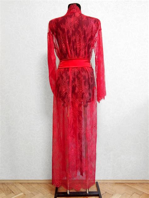 Maxi Lace Robe Red Lace Robe Erotic Lingerie See Through Etsy
