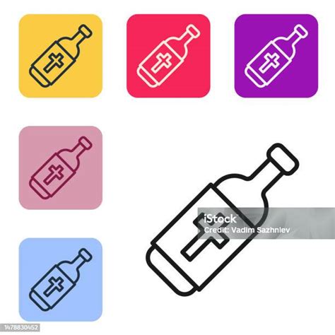 흰색 배경에 격리된 검은색 선 성수병 아이콘 마법의 액체가 든 유리 플라스크 색상 사각형 버튼으로 아이콘을 설정합니다 벡터 0명에 대한 스톡 벡터 아트 및 기타 이미지