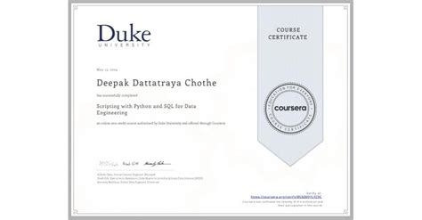 Deepak Chothe On Linkedin Completion Certificate For Scripting With Python And Sql For Data