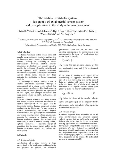 Pdf The Artificial Vestibular System Design Of A Tri Axial Inertial Sensor System And Its