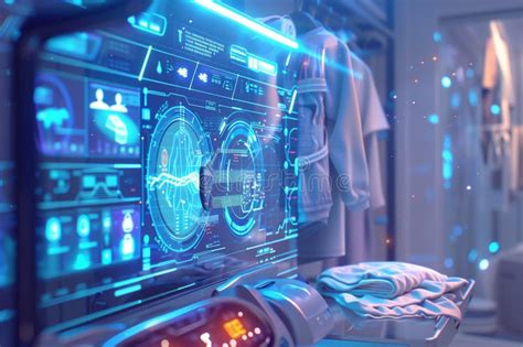 Futuristic Washing Machine In Laundry Room With And Holographic