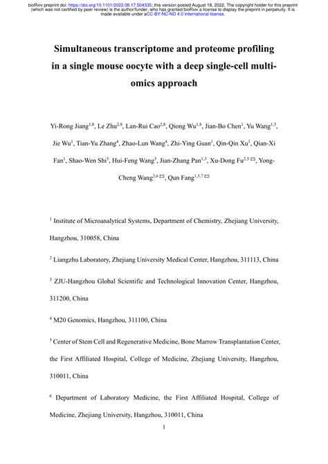 Pdf Simultaneous Transcriptome And Proteome Profiling In A Single Mouse Oocyte With A Deep