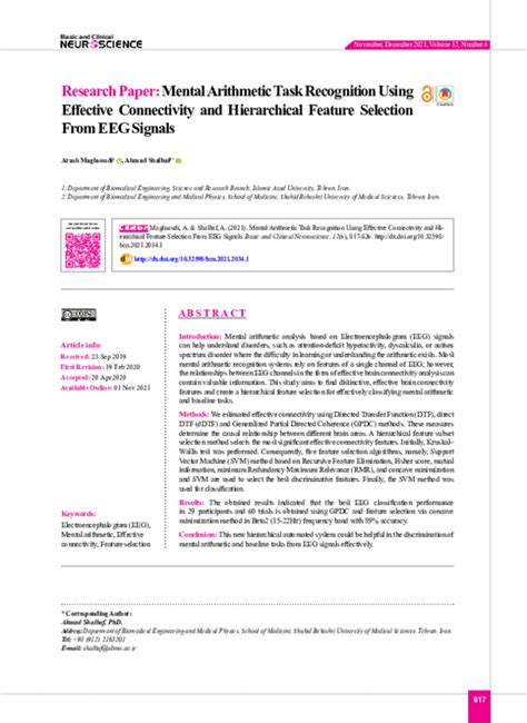 Pdf Mental Arithmetic Task Recognition Using Effective Connectivity