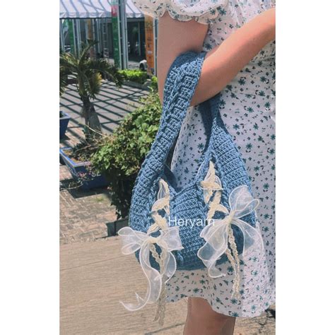 Cinta Bag Túi Tote Thắt Nơ Len Móc Xinh Xắn Thích Hợp Mang đi Chơi