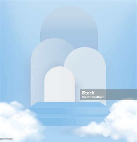 파란색 연단과 구름 추상적 인 파란색 배경 장면 스튜디오 또는 디스플레이 기하학적 모양 모양 제품 표시 프리젠 테이션을위한 받침대와 최소한의 장면 3d 벡터 0명에 대한