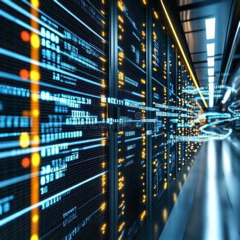 Futuristic Data Center With Rows Of Network Servers Big Data Cloud Computing Technology Stock
