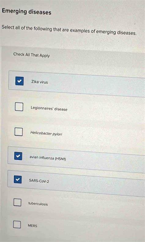 Solved Emerging Diseases Select All Of The Following That Are Examples