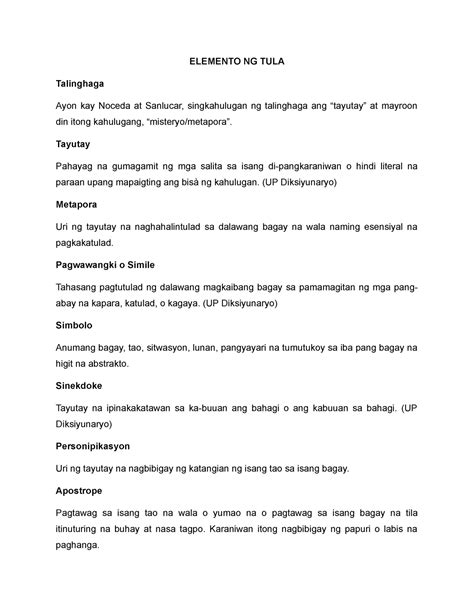 Elemento Ng Tula Malikhaing Pagsulat Elemento Ng Tula Talinghaga Ayon Kay Noceda At Sanlucar