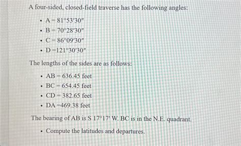 solved a four sided closed field traverse has the following
