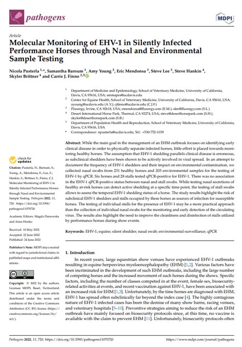 Molecular Monitoring Ehv 1 In Silently Infected Performance Horses Through Nasal And