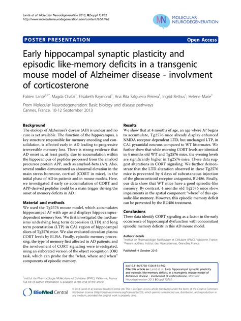 Pdf Early Hippocampal Synaptic Plasticity And Episodic Like Memory