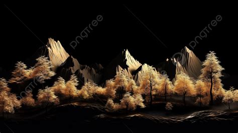 一些樹的白色高山的 3d 渲染 3d 插圖風景藝術壁紙金色樹木山太陽在黑色背景 高清攝影照片背景圖片和桌布免費下載