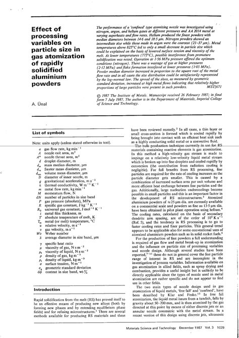 Pdf Effect Of Processing Variables On Particle Size In Gas Atomization Of Rapidly Solidified