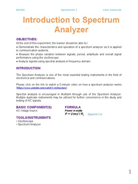 Experiment No 1 An Introduction To Spectrum Analyzer Pdf