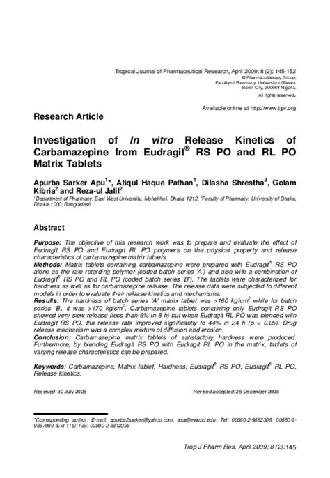 Pdf Investigation Of In Vitro Release Kinetics Of Carbamazepine From Eudragit® Rs Po And Rl Po