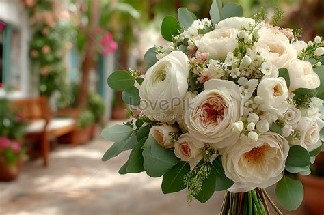 정원 배경이있는 흰색 장미 꽃다발