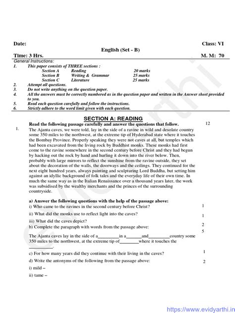 Class 6 English Sample Paper Set B Pdf
