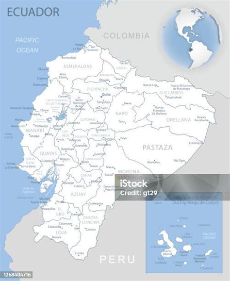 エクアドルの行政部門と地球上の場所のブルーグレーの詳細な地図 3dのベクターアート素材や画像を多数ご用意 3d イラストレーション