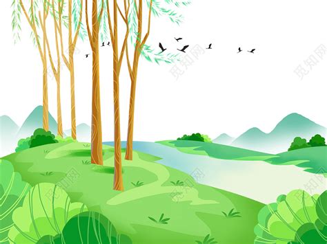 绿色手绘卡通山草丛草地树木风景春分春天春季元素PNG素材免费下载 觅知网