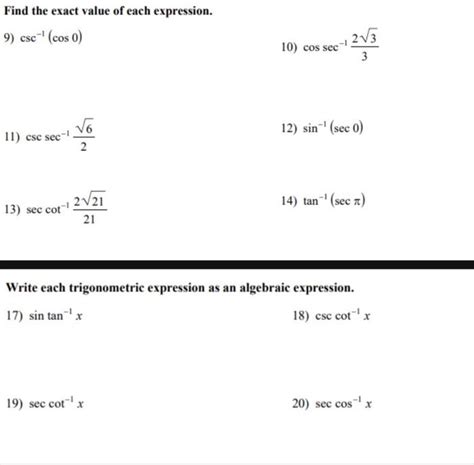 Solved Find The Exact Value Of Each Expression Chegg Com
