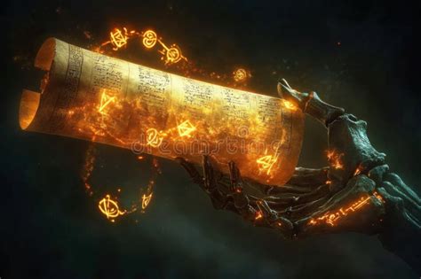 A Skeletal Hand Holding A Glowing Scroll With Ancient Symbols Stock