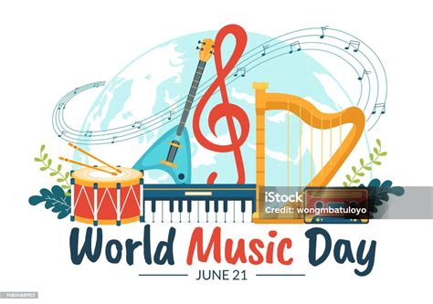 출판 포스터 또는 랜딩 페이지 템플릿을 위해 그린 평평한 만화 손으로 다양한 악기와 노트가 있는 세계 음악의 날 그림 0명에 대한 스톡 벡터 아트 및 기타 이미지 Istock