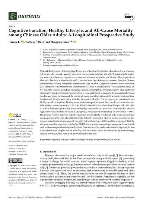Pdf Cognitive Function Healthy Lifestyle And All Cause Mortality Among Chinese Older Adults