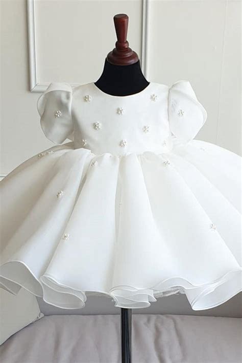 Organza White Ball Gown Flower Girl Dress With Pearls Tanya Bridal
