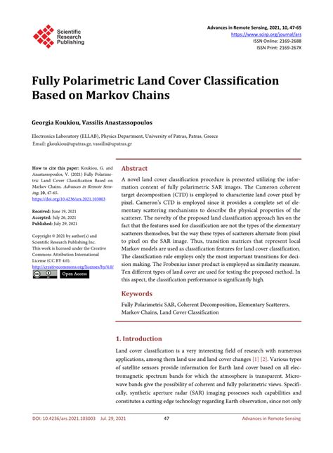PDF Fully Polarimetric Land Cover Classification Based On Markov Chains