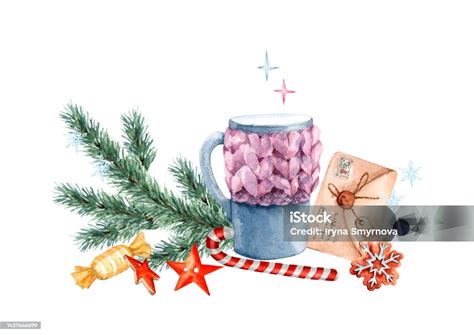 음료 과자 사탕 막대 사탕 진저 브레드가 든 크리스마스 구성 컵 밝은 화환으로 장식 된 크리스마스 트리 가지입니다 손으로 그린 수채화 그림 축하합니다 겨울에 대한 스톡 벡터