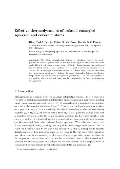 Pdf Effective Thermodynamics Of Isolated Entangled Squeezed And