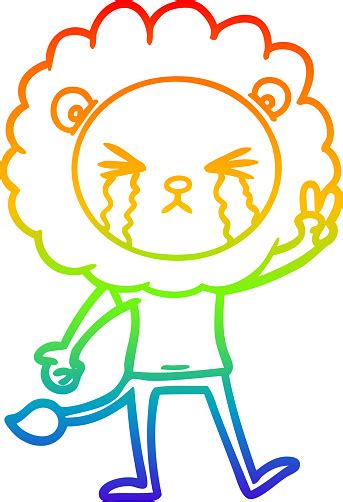 평화의 표시를 주는 만화 우는 사자의 무지개 그라데이션 선 그림 귀여운에 대한 스톡 벡터 아트 및 기타 이미지 귀여운