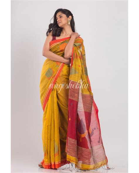 Yellow Blended Cotton Silk Jamdani Saree