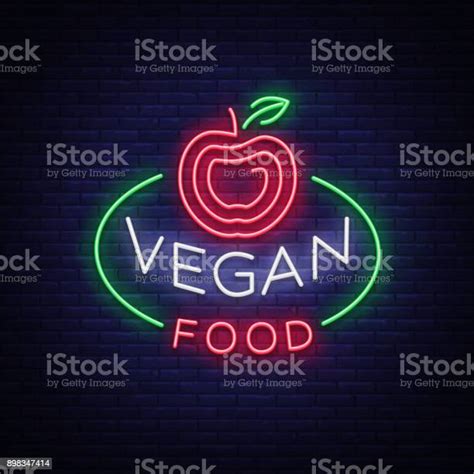 채식주의 로고 네온 사인 채식주의 기호 밝은 빛나는 기호 채식 음식 테마에 네온 밤 광고 Organical 건강 식품 야채 과일 벡터 일러스트 레이 션 가벼운에 대한 스톡