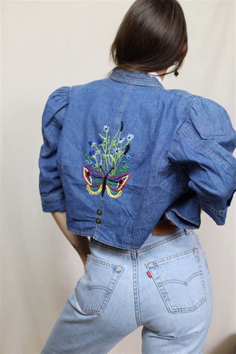 Vintage Denim Crop Jacket With Puff Sleeves Hand Embroidered Short