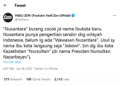 Fadli Zon Beri Nama Ibu Kota Negara Baru Jokowi Netizen Saya Juga
