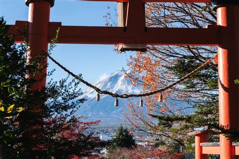 Mount Fuji Beautiful View Through A Red Torii From Fujiyoshida In