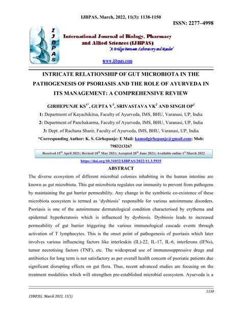 PDF INTRICATE RELATIONSHIP OF GUT MICROBIOTA IN THE PATHOGENESIS OF PSORIASIS AND THE ROLE OF