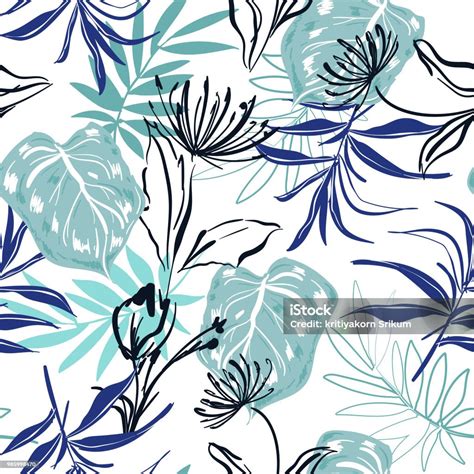 여름 모노톤 블루 핸드 스케치와 드로잉 열 대 꽃과 패션 직물 및 모든 지문에 대 한 벡터에서 완벽 한 패턴을 나뭇잎 그리기에 대한 스톡 벡터 아트 및 기타 이미지 Istock