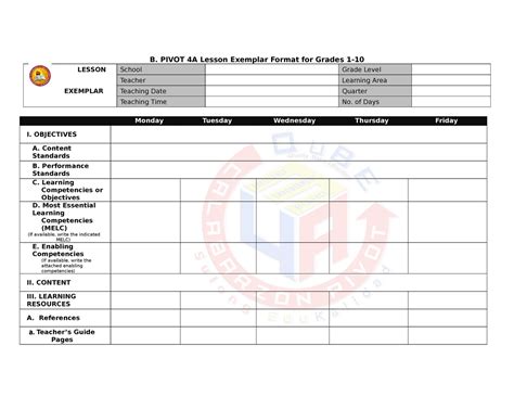 Lesson Exemplar Format For Gr B Pivot 4a Lesson Exemplar Format For