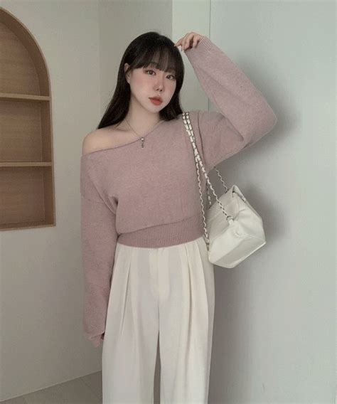하비언니 11991 여리여리~ 오프숄더 보트넥 세미크롭 루즈핏 긴팔 니트t 6color