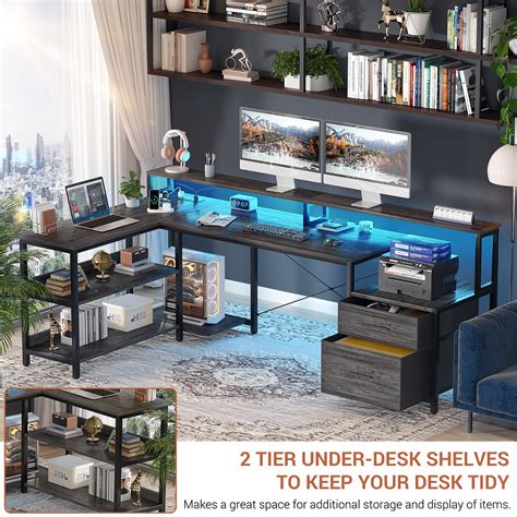 Homieasy L Shaped Desk With Outlet File Drawer Monitor Stand Led