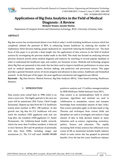 Pdf Cseit1953142 Applications Of Big Data Analytics In The Field Of Medical Diagnosis A Review