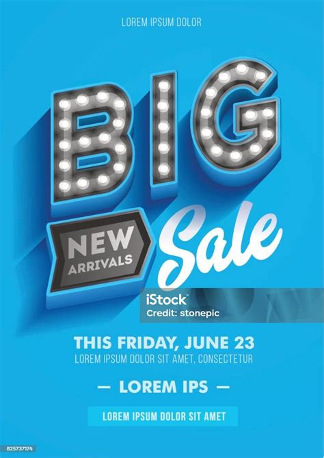 블루 큰 판매 포스터 또는 전단지 디자인 빛나는 전구를 레트로 조명 간판 배너 3차원 형태에 대한 스톡 벡터 아트 및 기타 이미지 3차원 형태 가격 간판 Istock