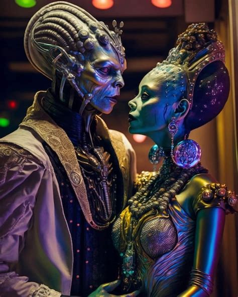 Premium Ai Image A Couple In A Store With A Blue Alien And A Woman In