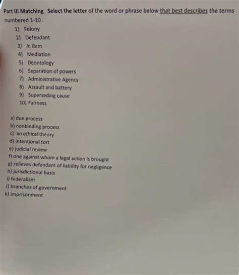 Solved Part Iii Matching Select The Letter Of The Word Or Chegg