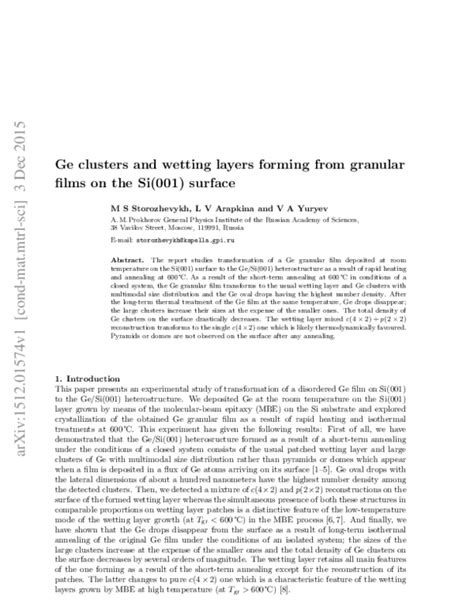 Pdf Ge Clusters And Wetting Layers Forming From Granular Films On The Si001 Surface