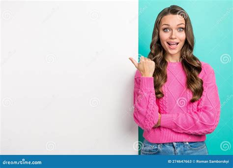 Photo Of Cute Excited Lady Dressed Knitted Pullover Pointing Thumb